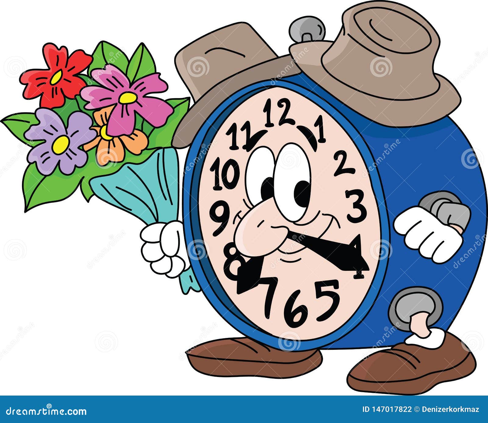 Cartoon Clock Holding a Bouquet of Flowers Going on a Date with His ...