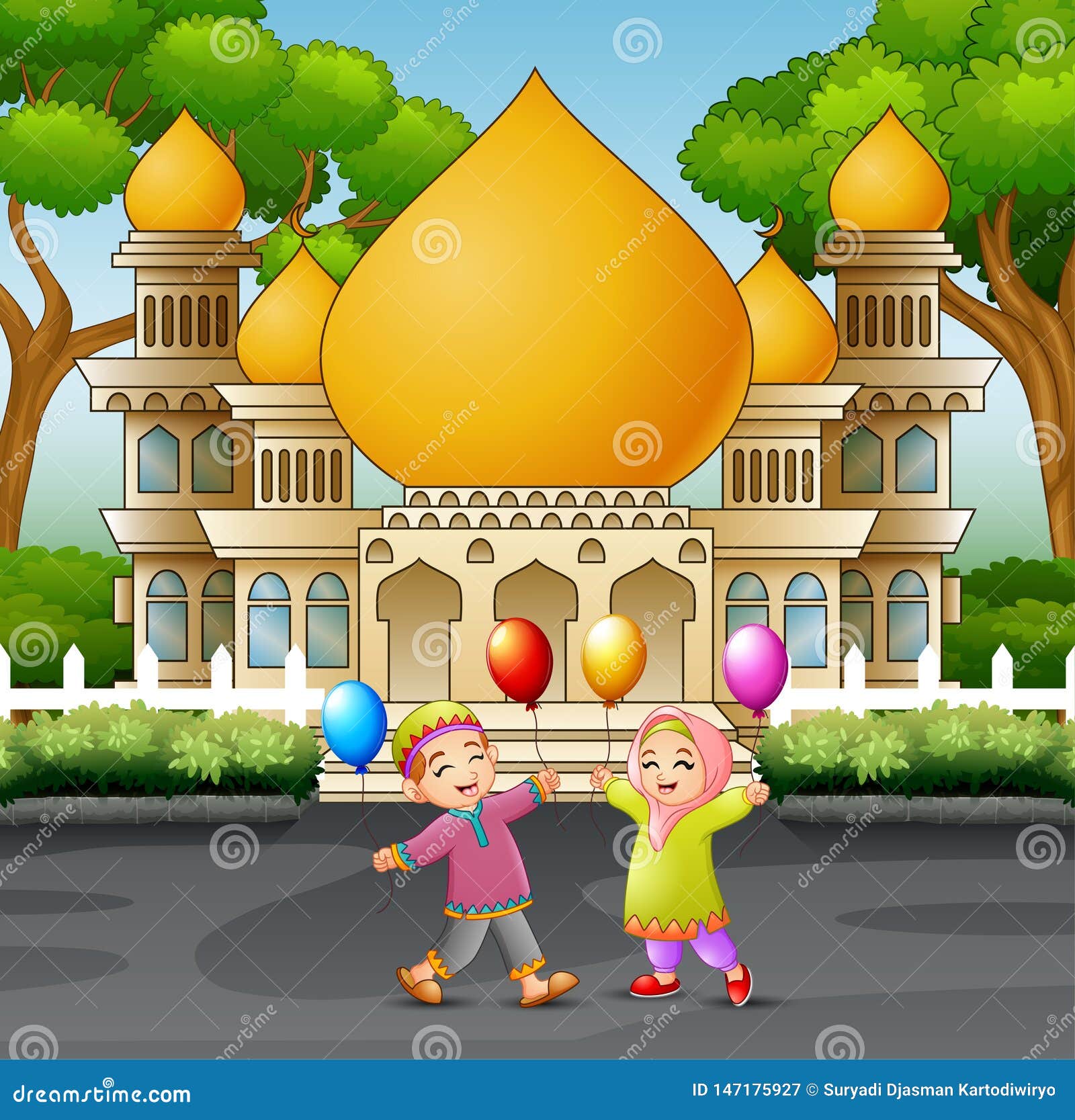 Happy Muslim Kids Cartoon Playing in Front of a Mosque Stock Vector ...