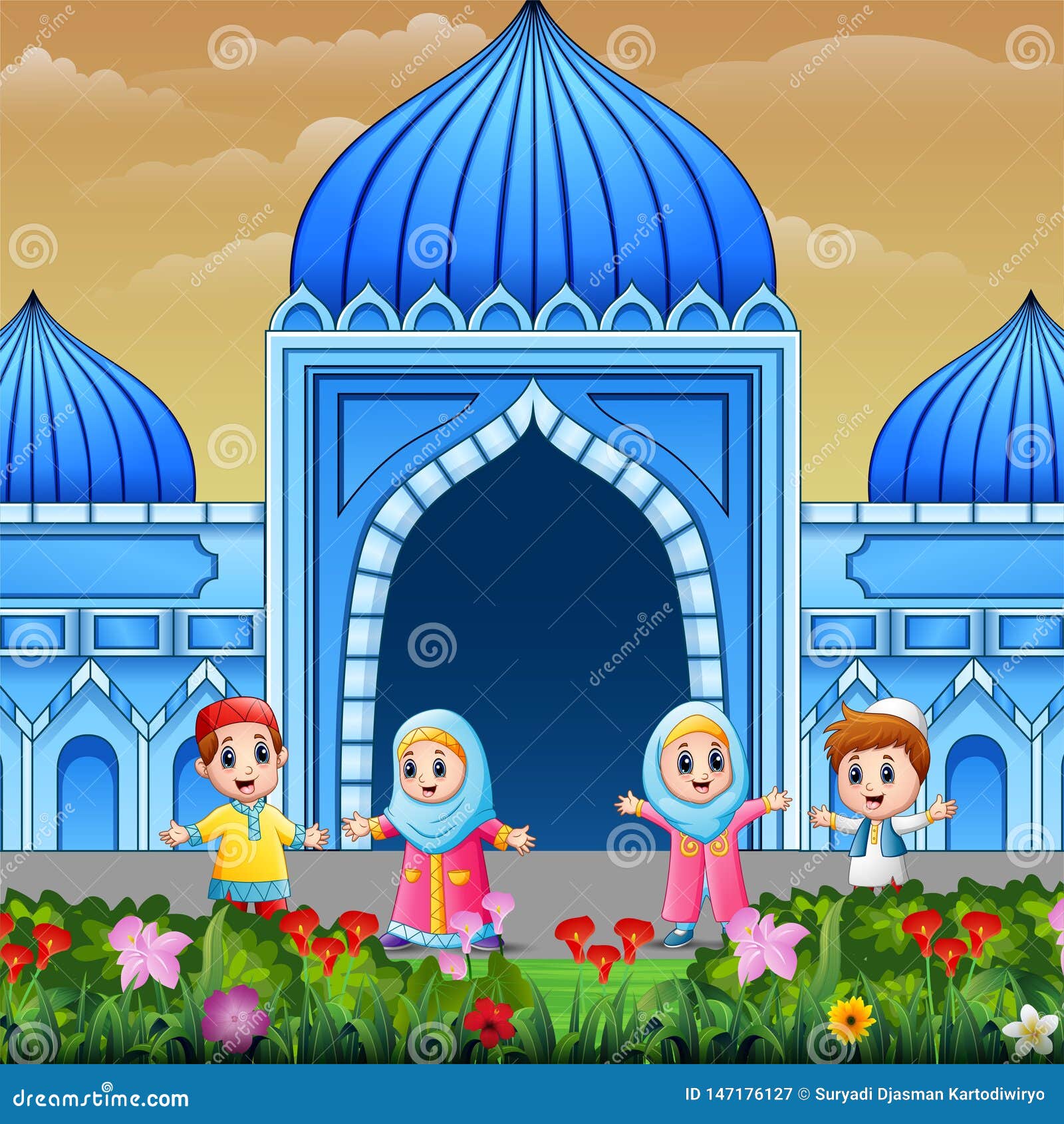 Cartoon of Muslim Kid in Front the Mosque Stock Vector - Illustration ...