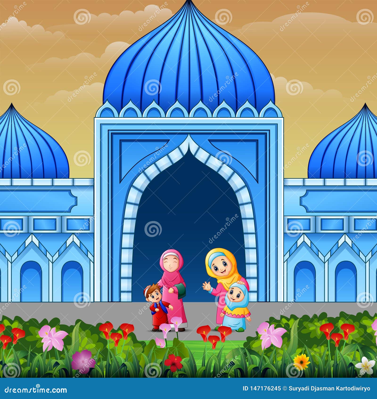 Cartoon of Muslim People Posing in Front the Mosque Stock Vector ...