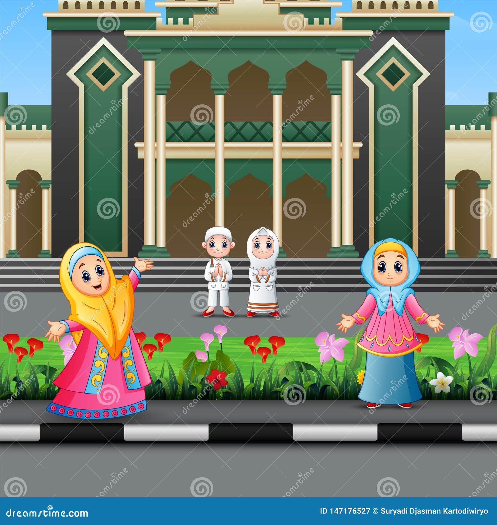 Happy Muslim People Cartoon in Front of a Mosque Stock Vector ...