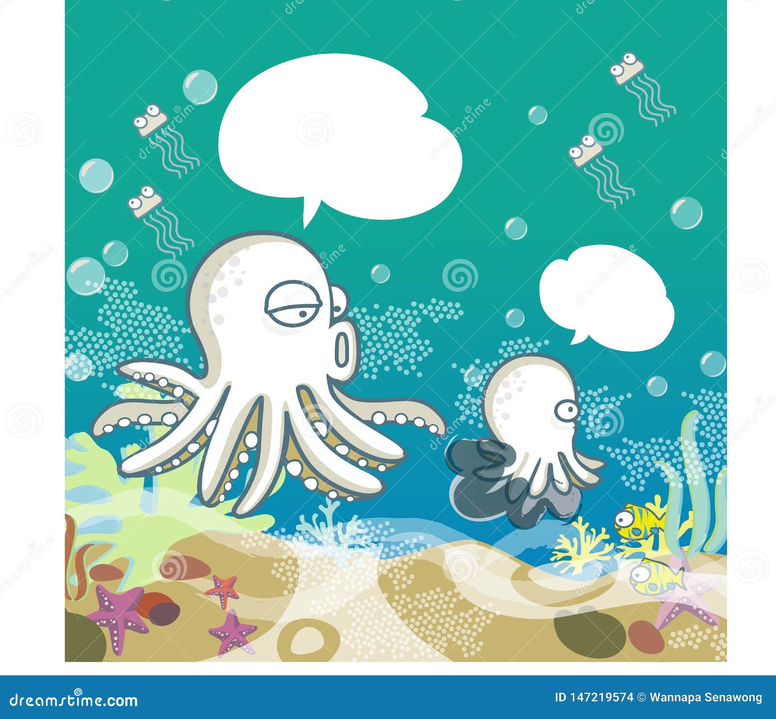 Octopus Mom&Son and Colorful Coral Reef in the Ocean - Vector Stock ...