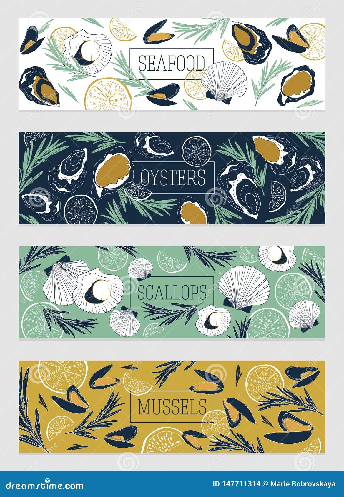 Seafood Banner Template Set. Fish Restaurant Horizontal Design ...