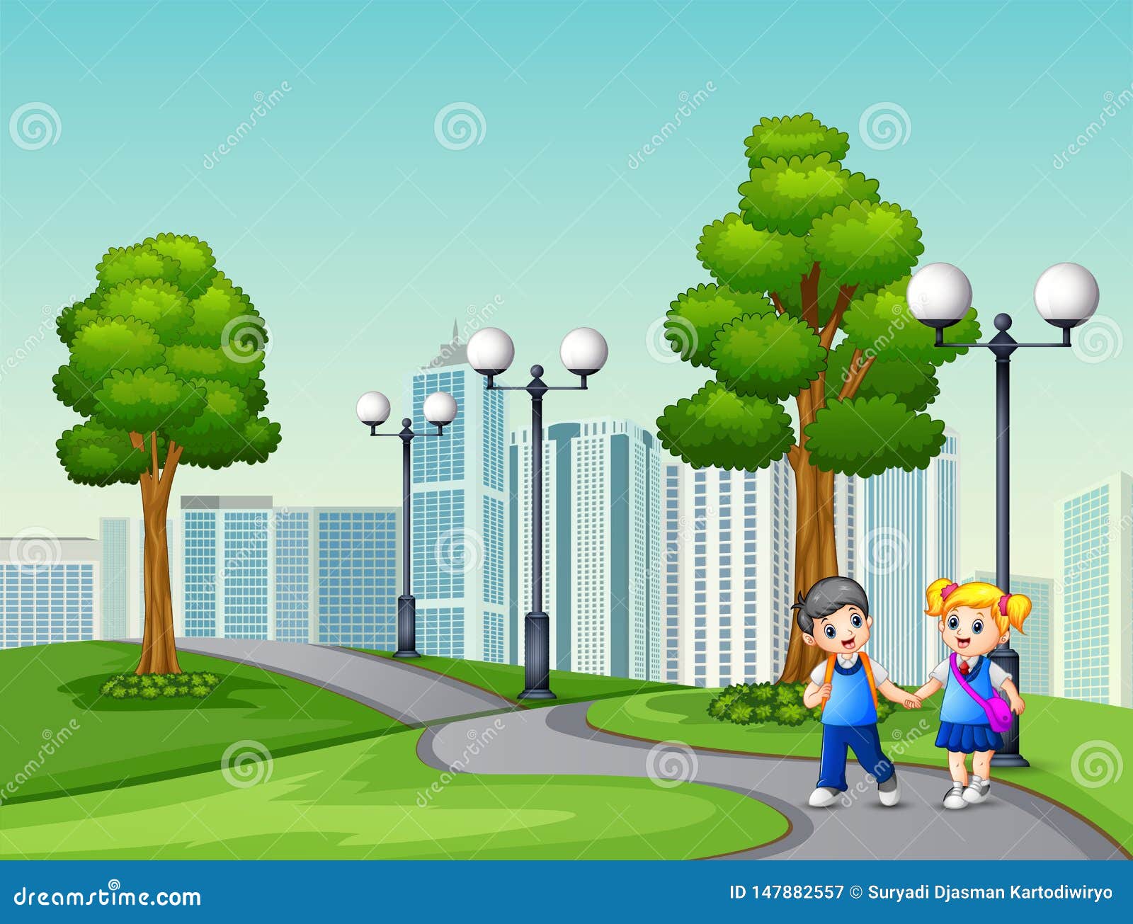 Cartoon of Children Go To School Past the Park Stock Vector ...