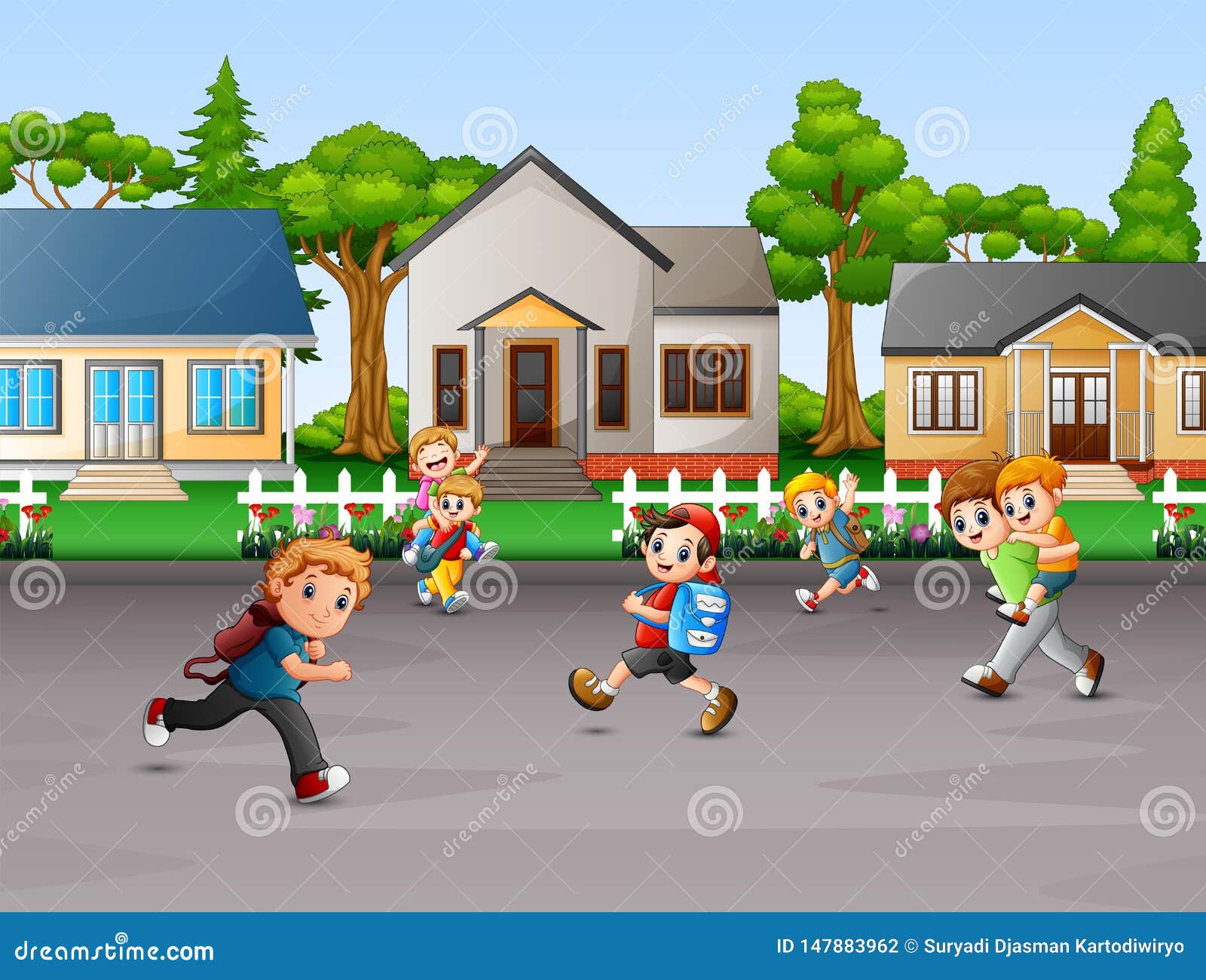 Cartoon of Children Playing at Rural House Yard Stock Vector ...