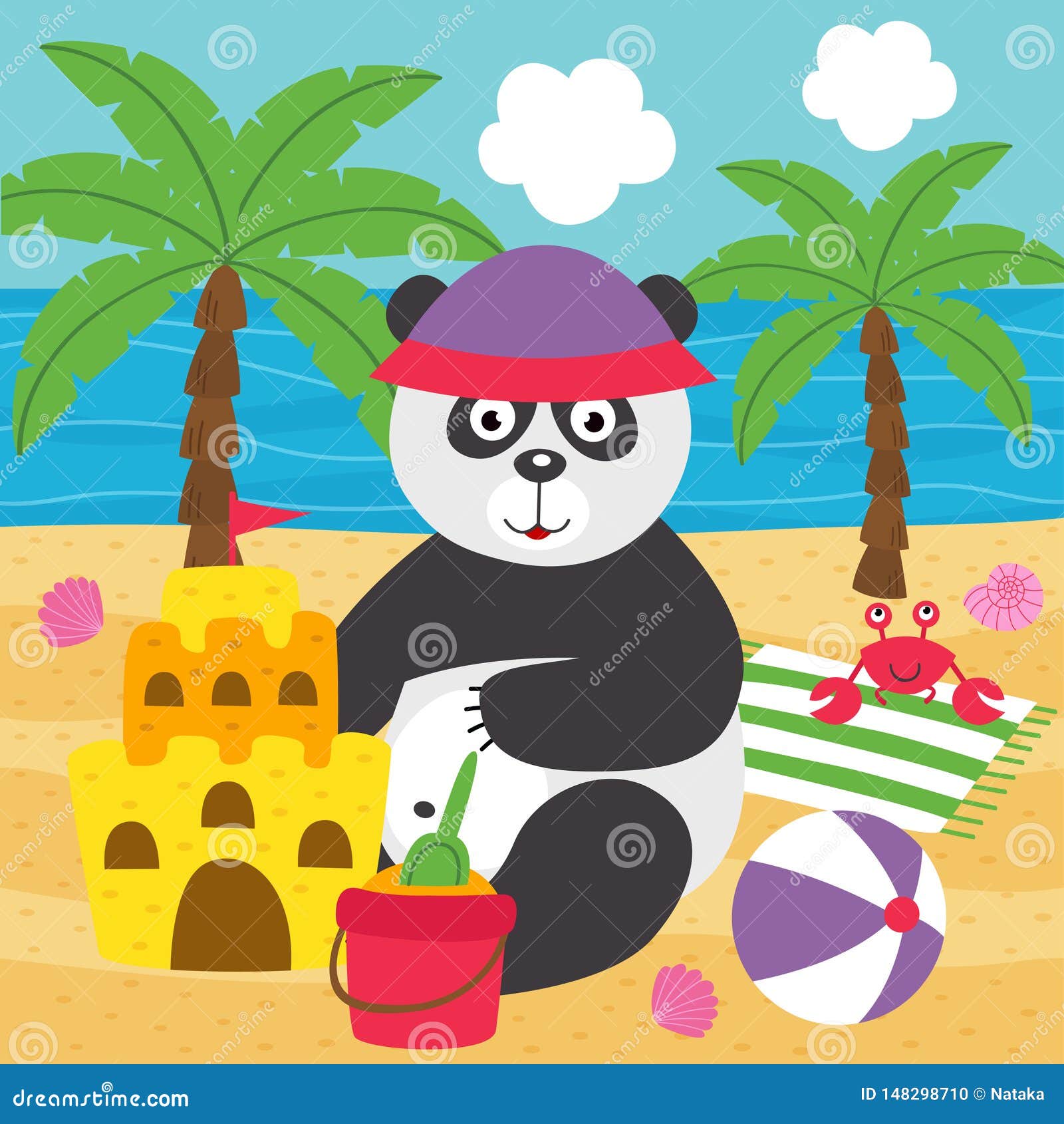 Panda Builds a Sand Castle on the Beach Stock Vector - Illustration of ...