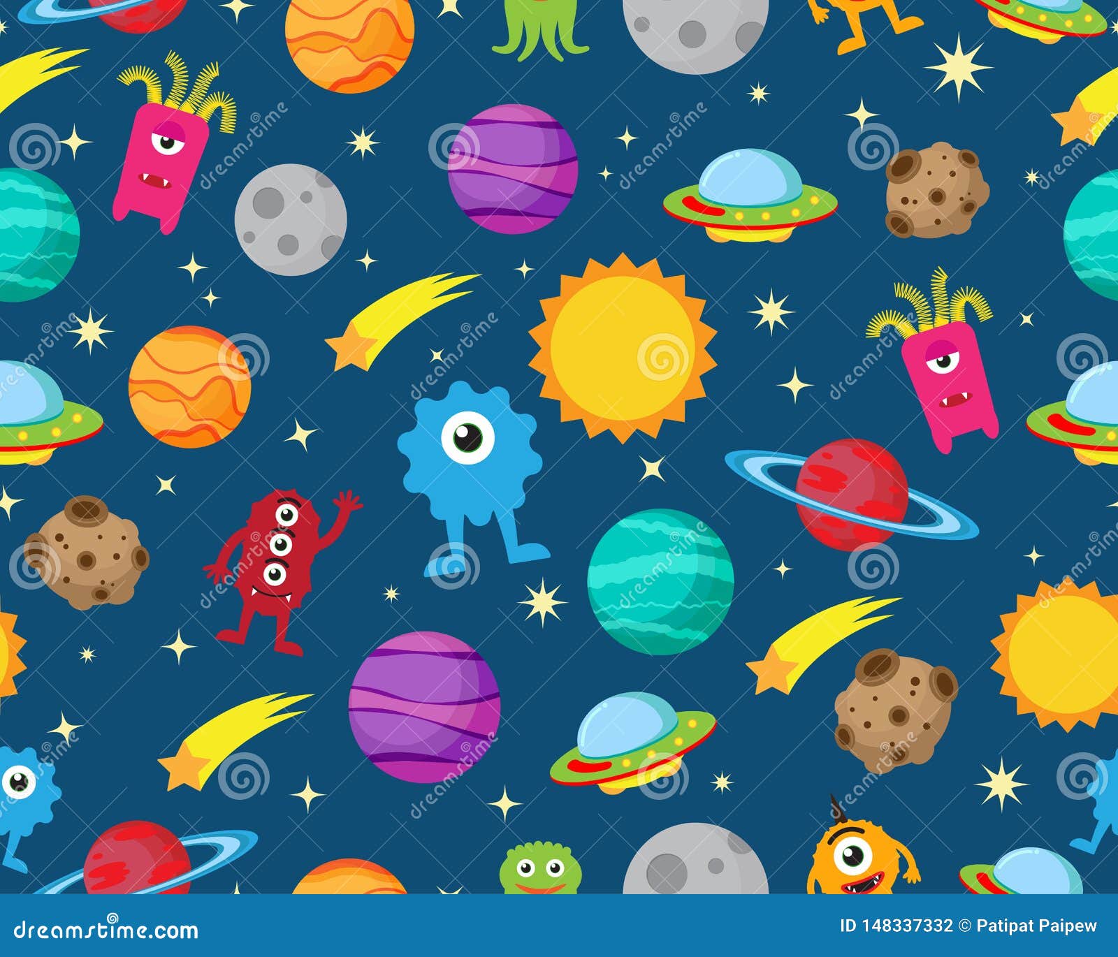Seamless Pattern of Alien with Ufo and Planet in Space Galaxy ...