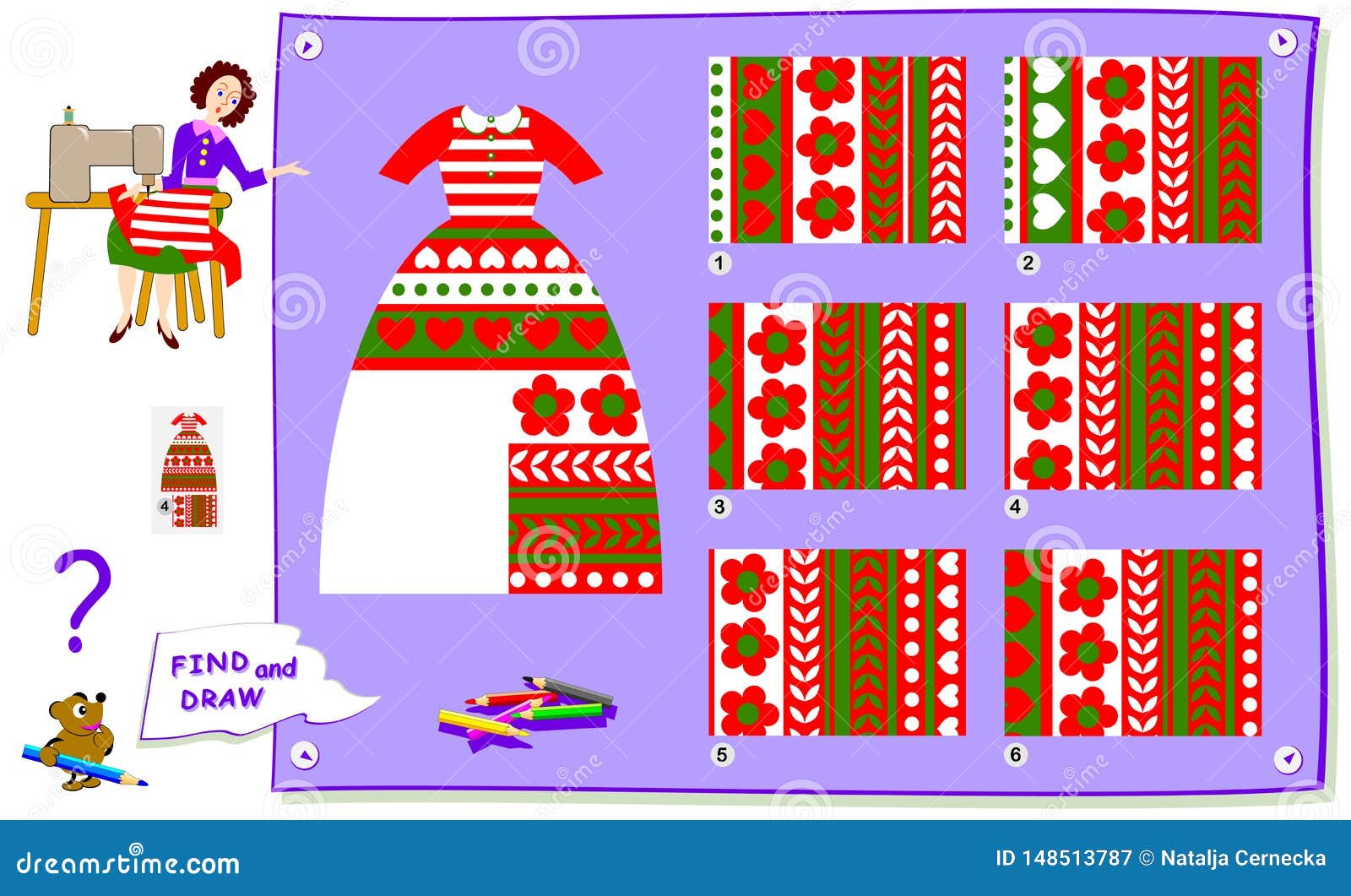 Logic Puzzle Game for Kids. Help the Dressmaker Finish Sewing the Dress ...