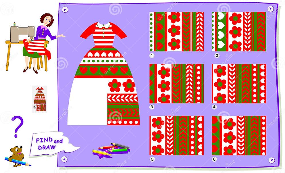 Logic Puzzle Game for Kids. Help the Dressmaker Finish Sewing the Dress ...