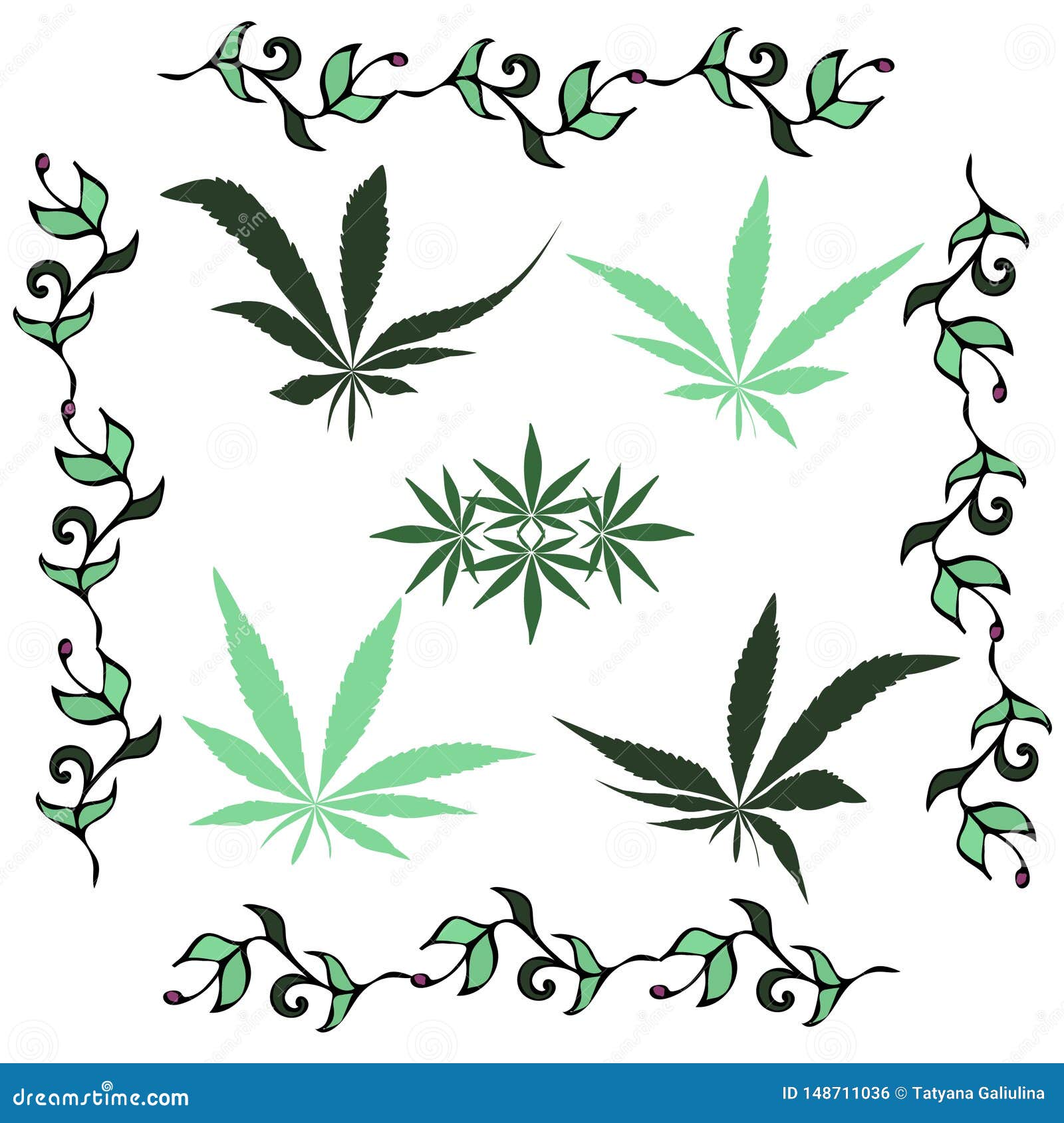 Set of Vector Characters Icons of Isolated Green Plants Hemp Cannabis ...