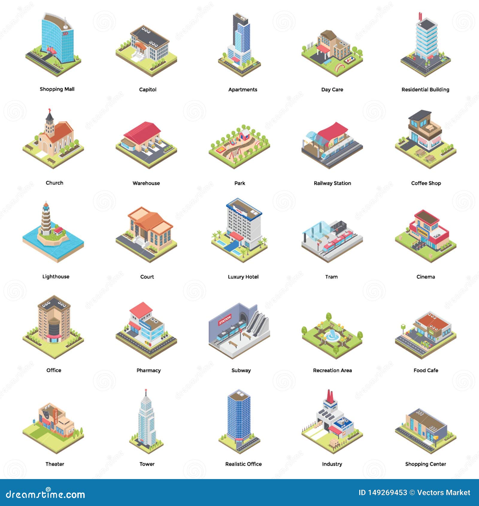 Buildings Isometric Icons Set Stock Vector - Illustration of financial ...