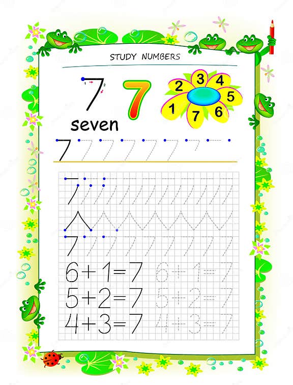 Educational Page on Square Paper for Kids with Number 7. Printable ...