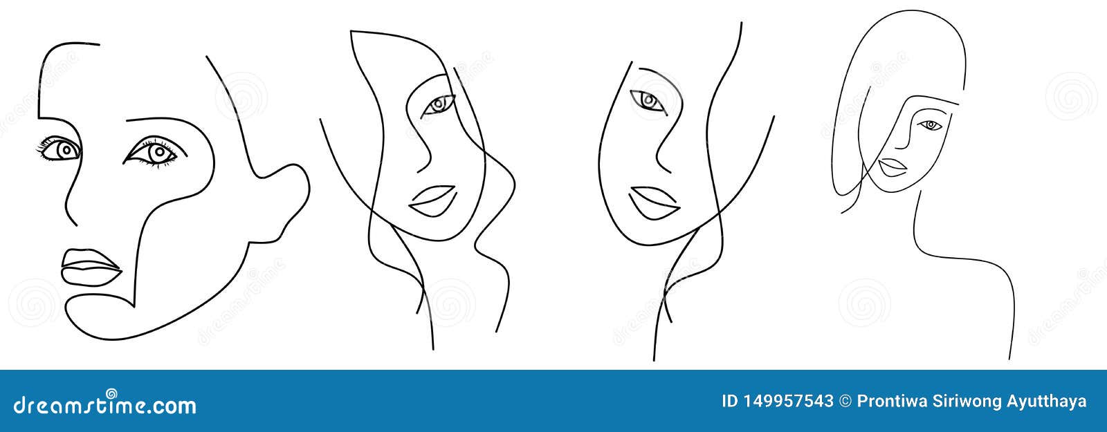 Continuous Line, Drawing of Set Faces and Hairstyle, Fashion Concept ...