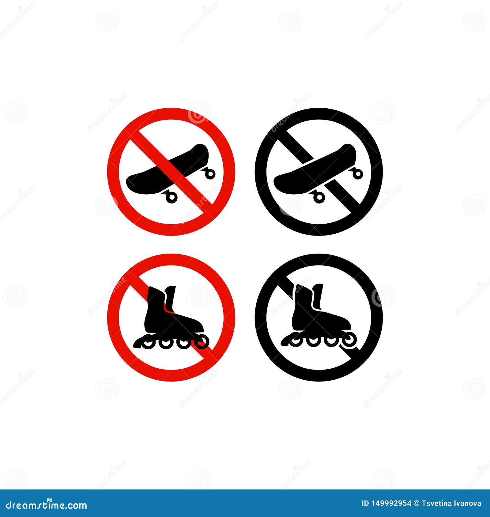 No Roller Skating and Skateboarding Red Prohibition Sign Set. Stock Vector - Illustration of ...