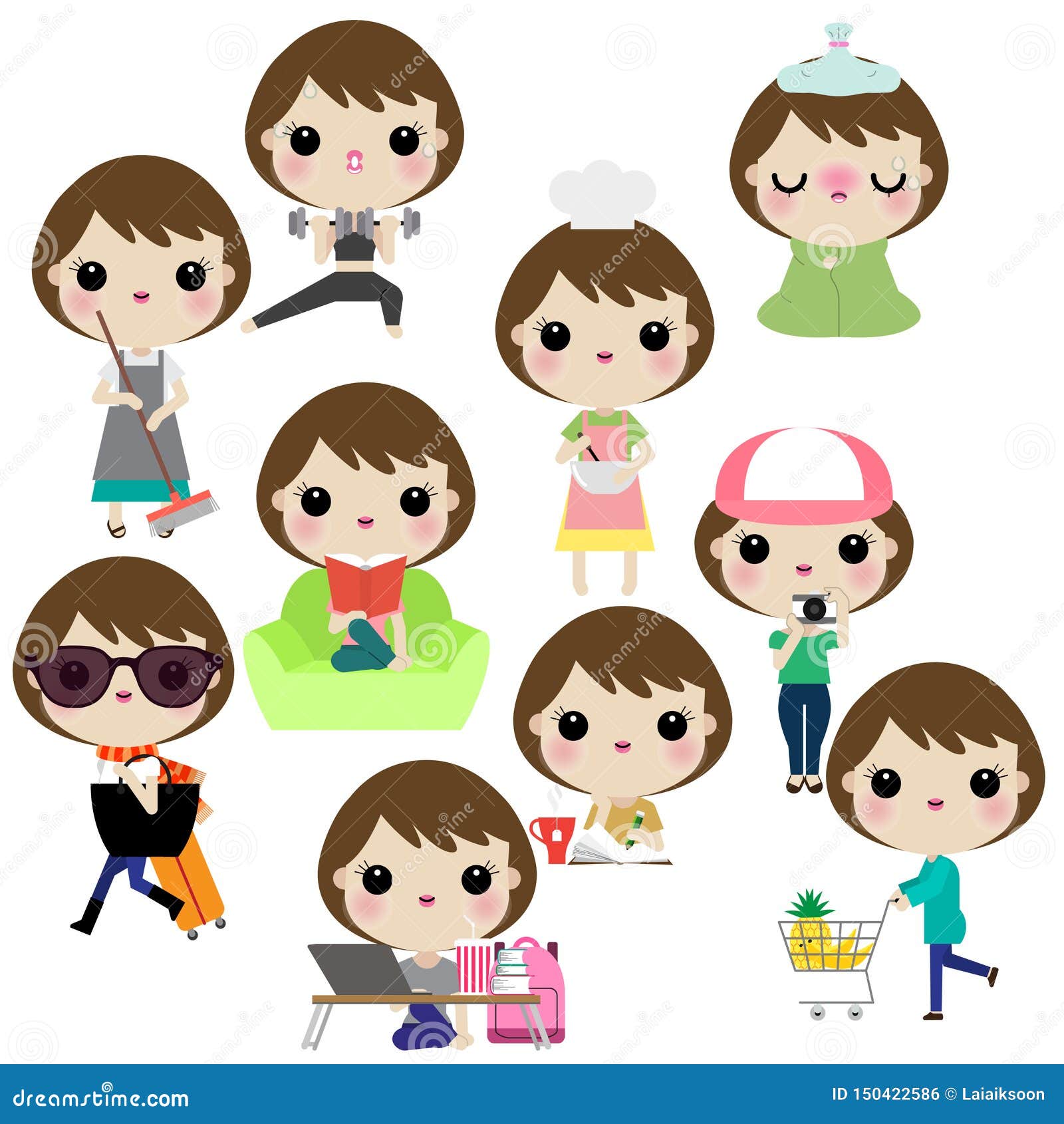 Vector Illustration of Woman or Girl in Different Lifestyle Activities ...
