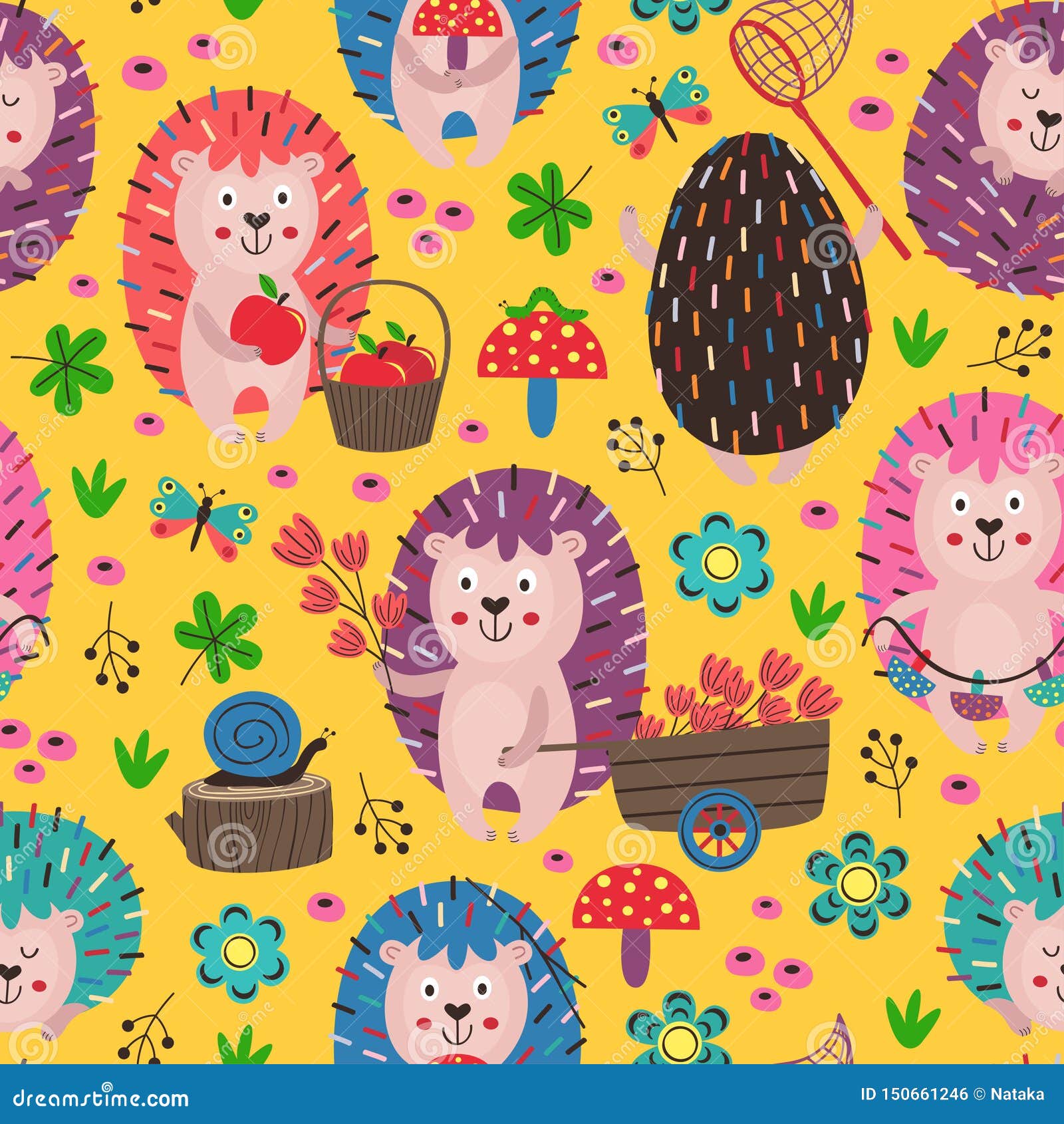 Yellow Seamless Pattern with Colorful Hedgehogs Stock Vector ...