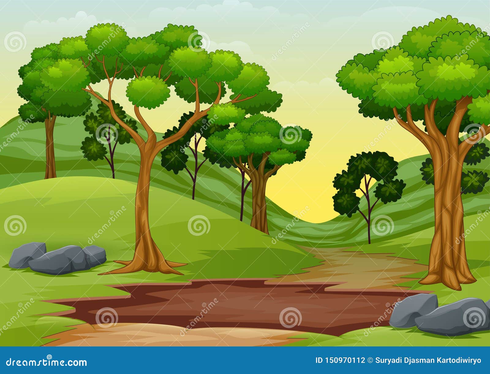Cartoon Of Mud Puddle In The Middle Of The Road To Forest Vector ...