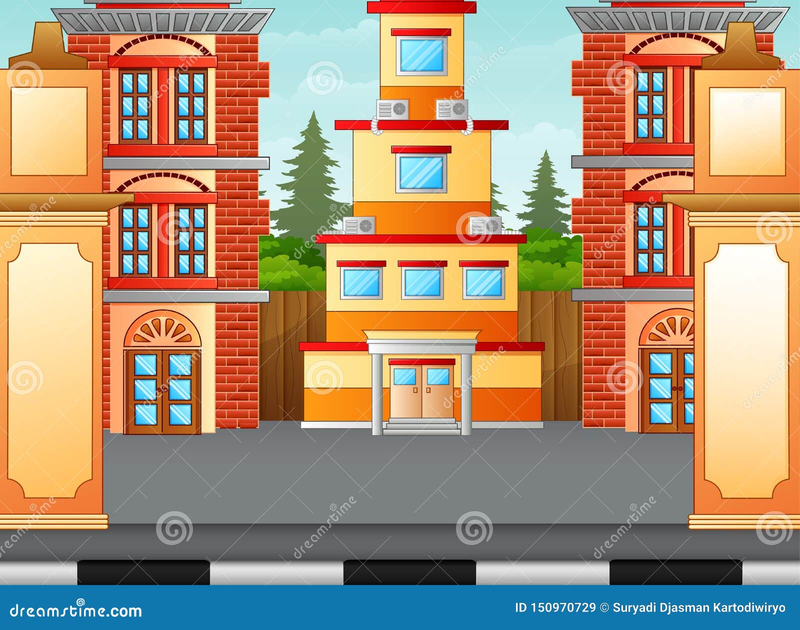 City Town Street View with Office Buildings Houses Stock Vector ...