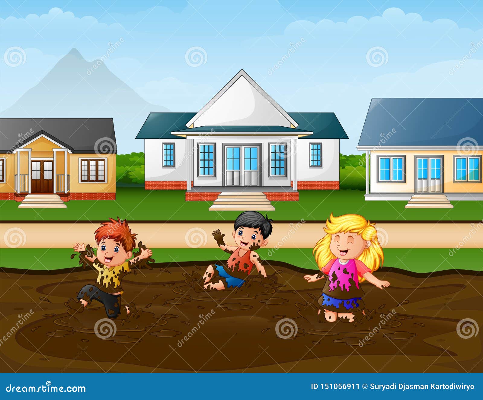 Funny Children Playing a Mud Puddle in the Rural Background Stock ...