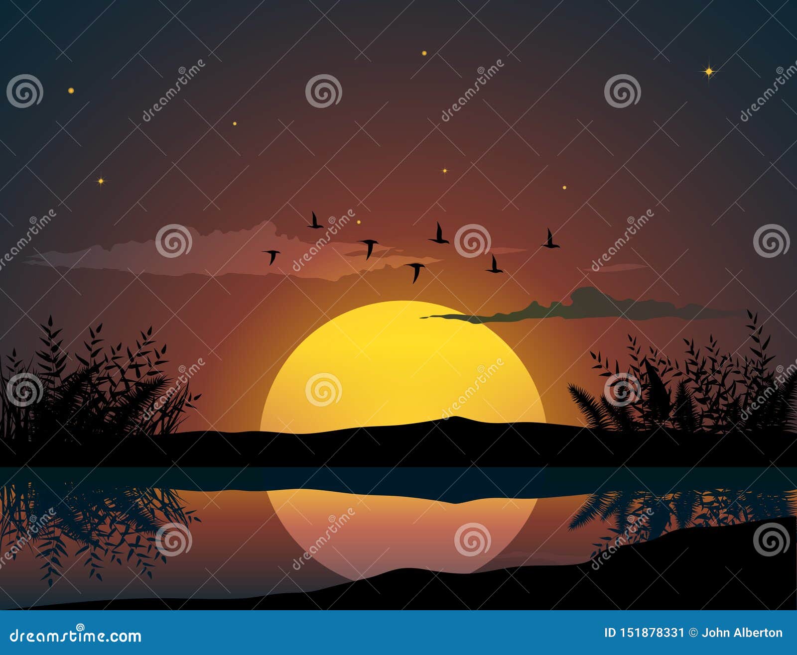 Sunset Landscape with Flying Birds Stock Illustration - Illustration of ...