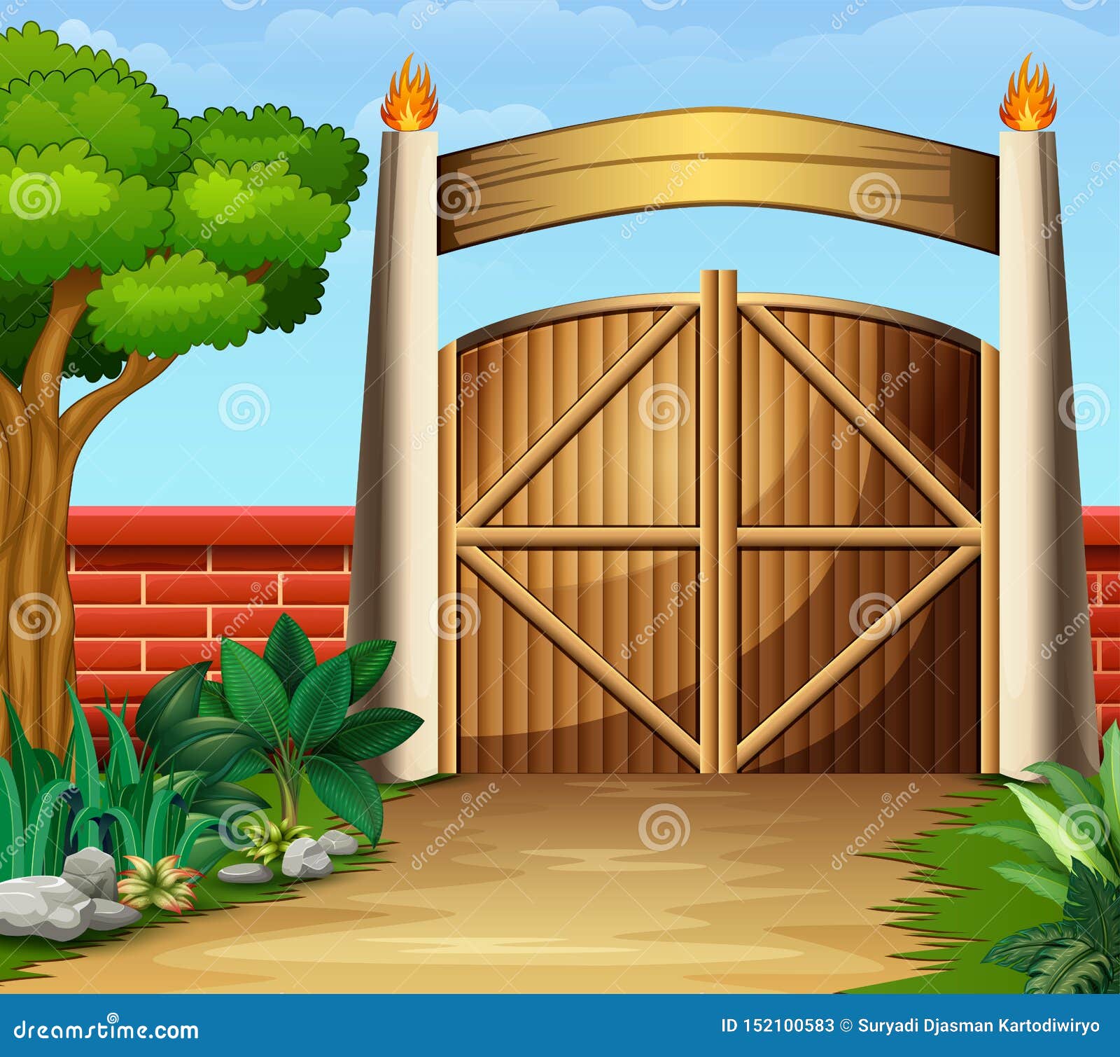 The Wooden Gate in a Beautiful Nature Stock Vector - Illustration of ...