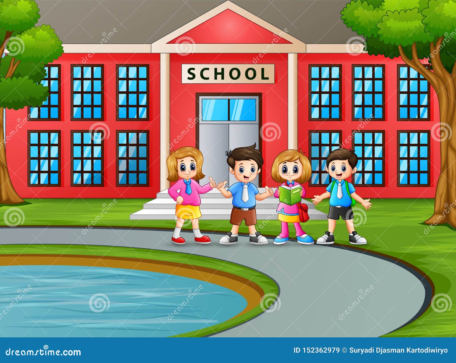 Happy Student in Front the School Building Background Stock Vector ...