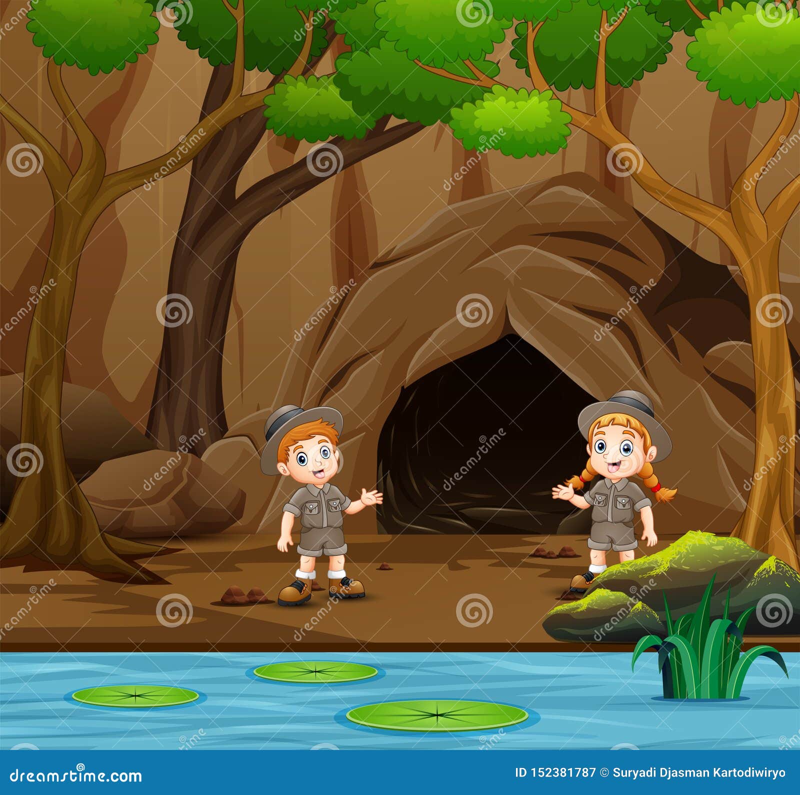 Scout Boy and Girl Talking Near the Cave Stock Vector - Illustration of ...