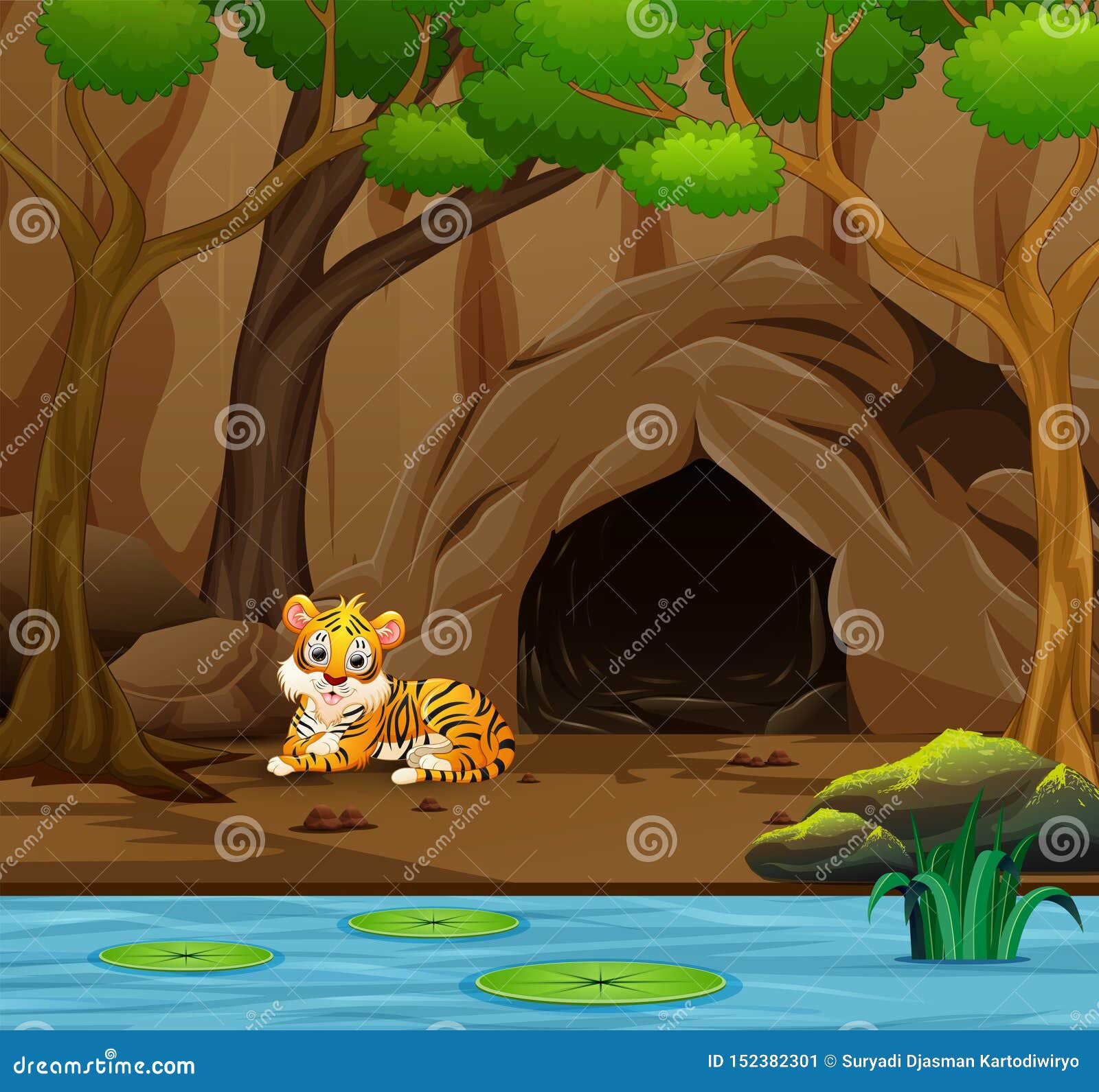 Tiger Cartoon in Front of the Cave Stock Vector - Illustration of dark ...
