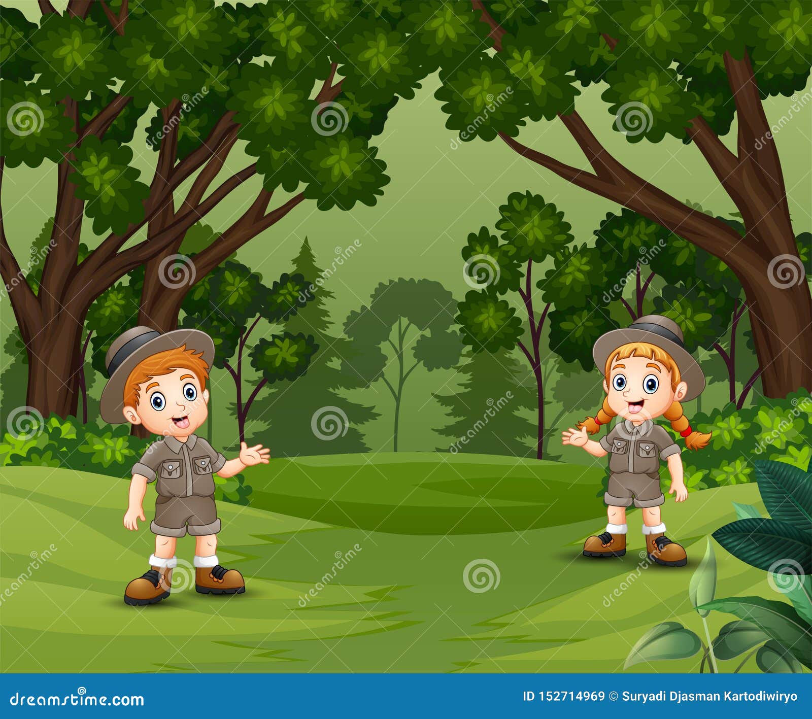 Happy Scout Kids Talking and Exploring the Forest Stock Vector ...