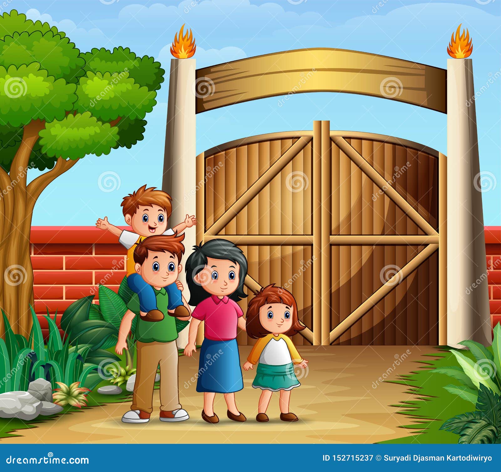 Family Cartoon in the Entrance Gates Stock Vector - Illustration of ...