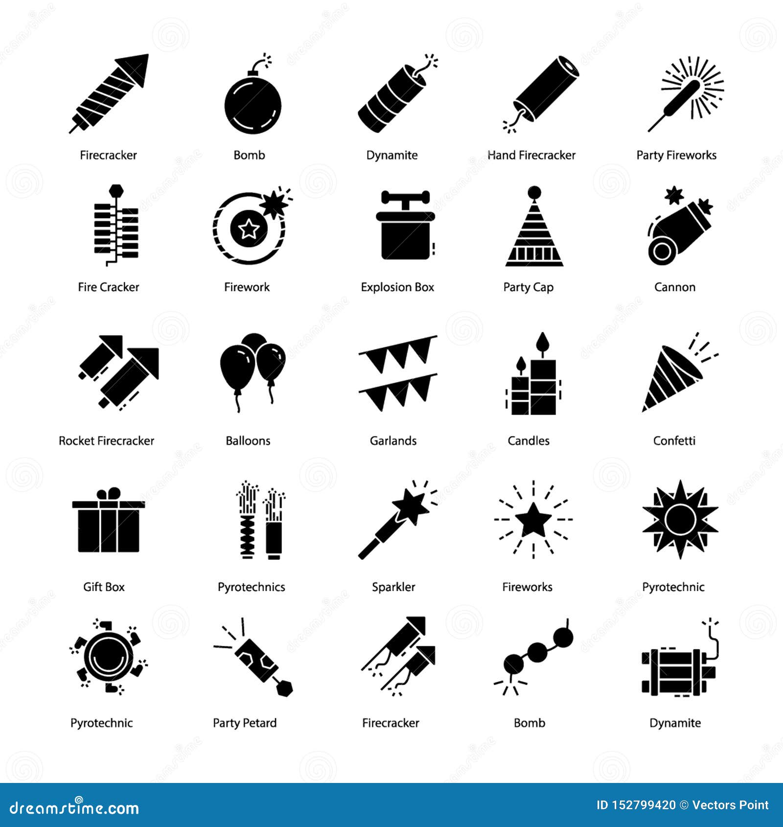 Pyrotechnics Icons Pack stock vector. Illustration of confetti - 152799420