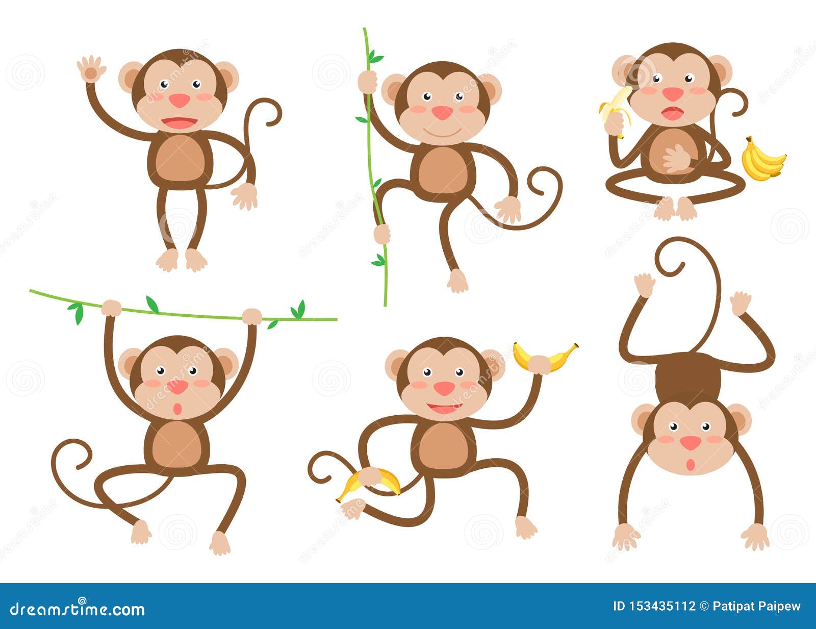 Cute Little Monkeys Cartoon Vector Set in Different Poses Stock ...