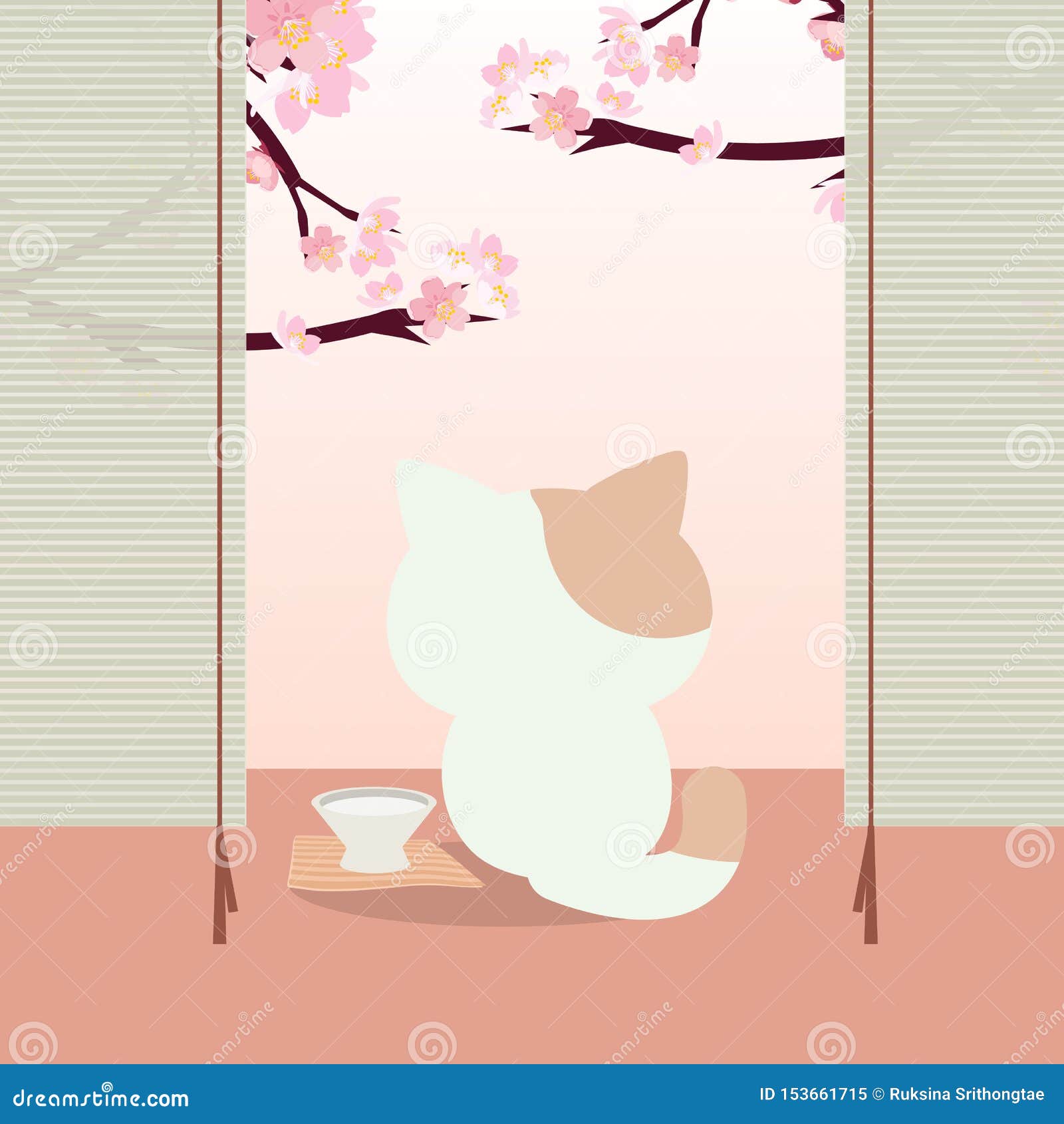 Hanami Festival. Cherry Blossom Festival. Relaxing Cat. Stock Image ...