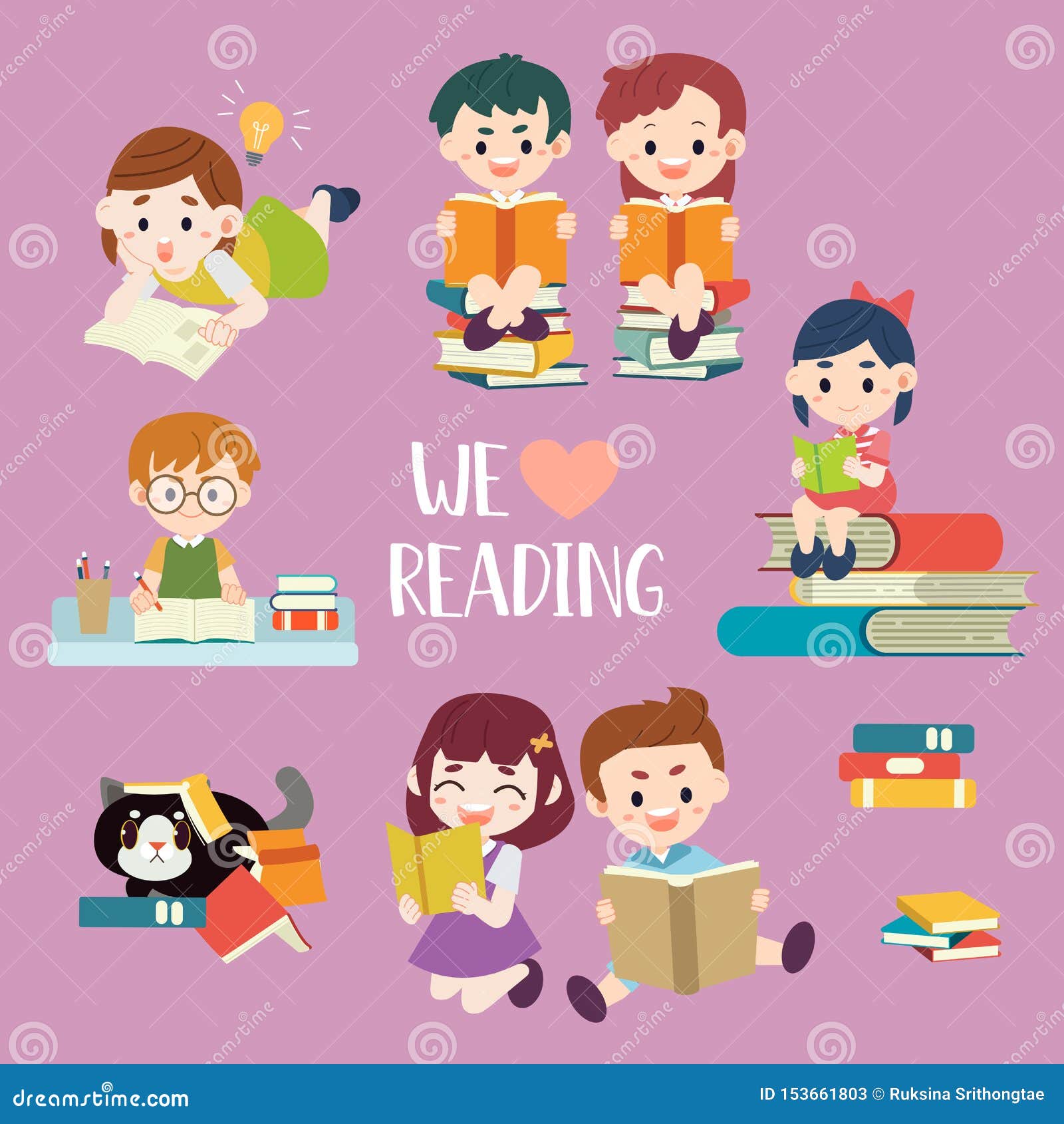 We Love Reading. a Group of Kids Reading the Book. Child Doing a ...