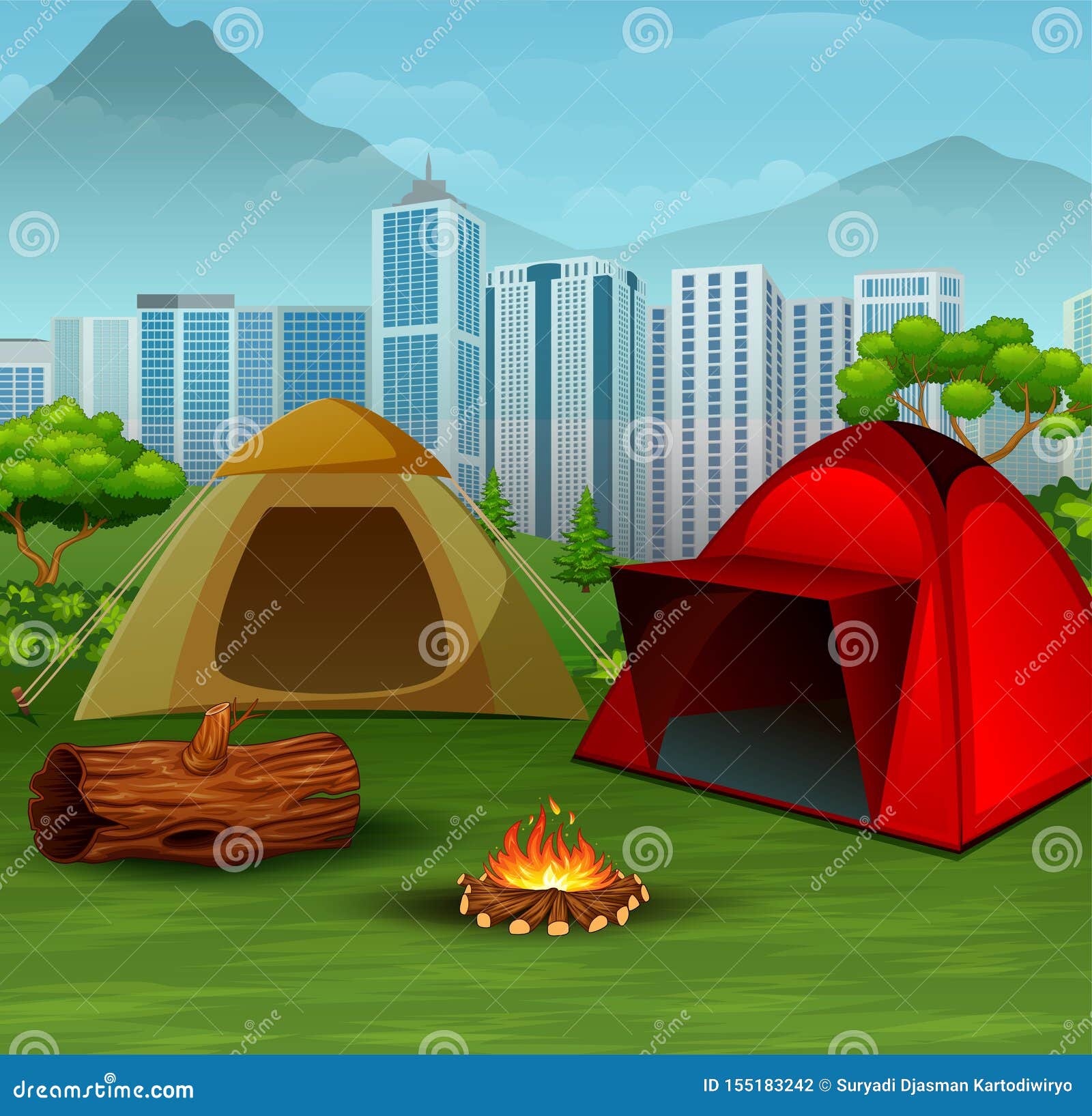 Background Of Campsite On Sunset Landscape Vector Illustration ...