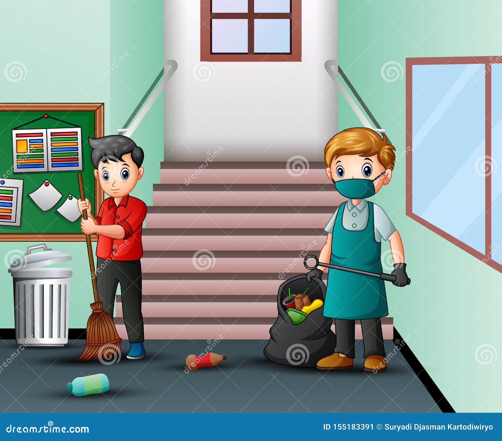 Cartoon Janitor Man Cleaning School Hallway Stock Vector - Illustration ...