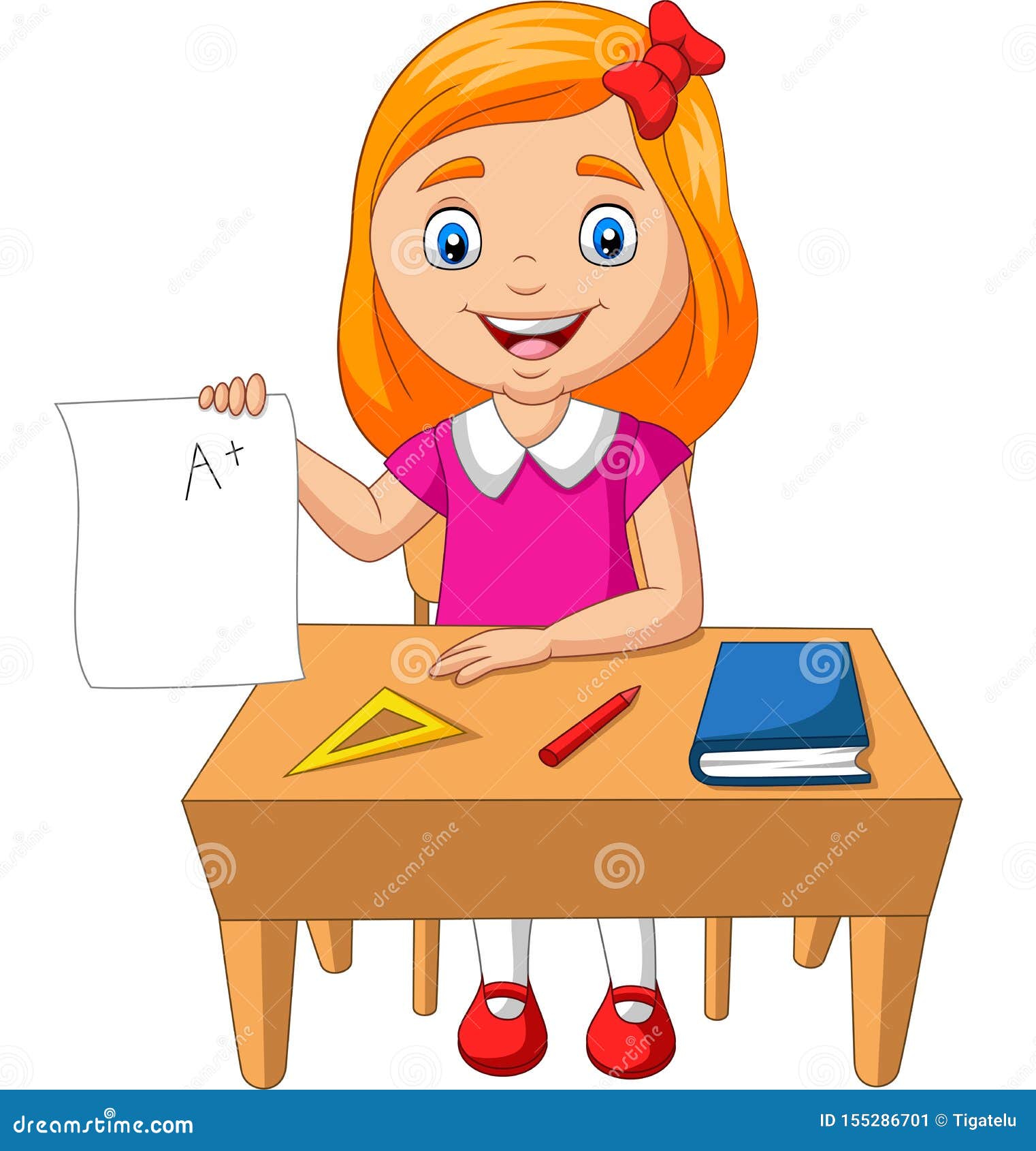 Cartoon Little Girl Holding Paper with a Plus Grade Stock Vector ...