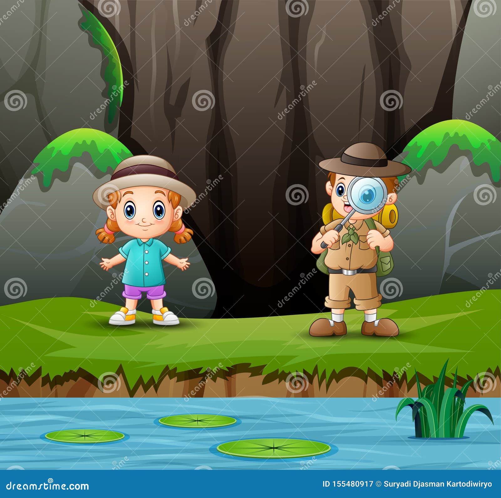 The Explorer Boy with a Little Girl at Nature Stock Vector ...