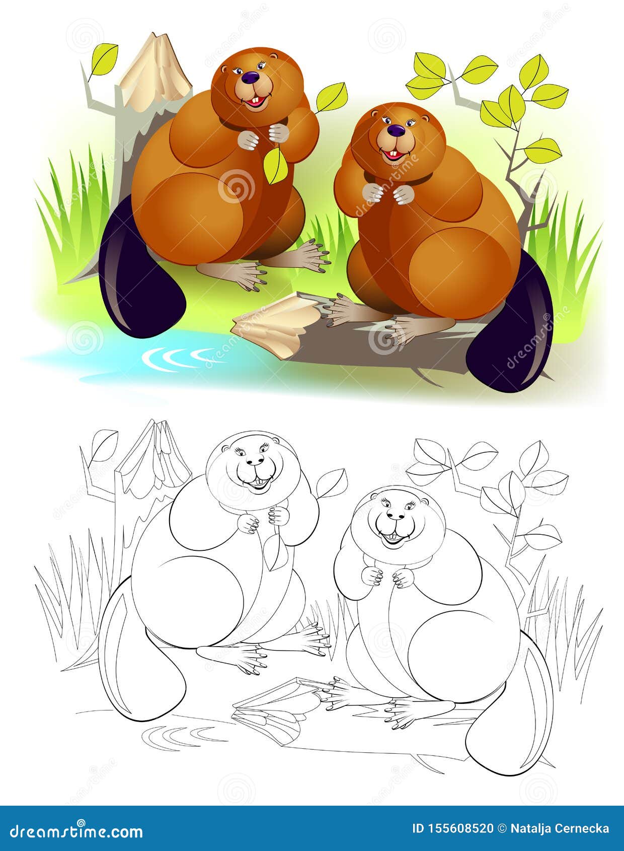 Fantasy Illustration of Couple Cute of Beavers Gnawing Tree Trunk ...