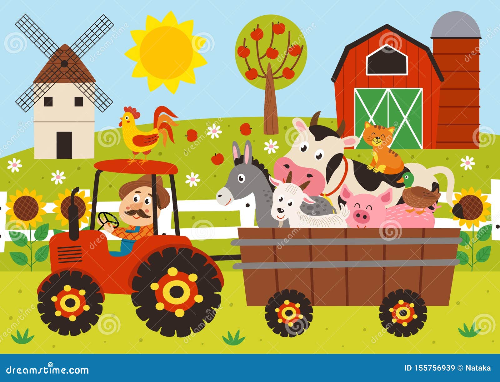 Farmer and Farm Animals Riding a Tractor with a Trailer Stock Vector ...