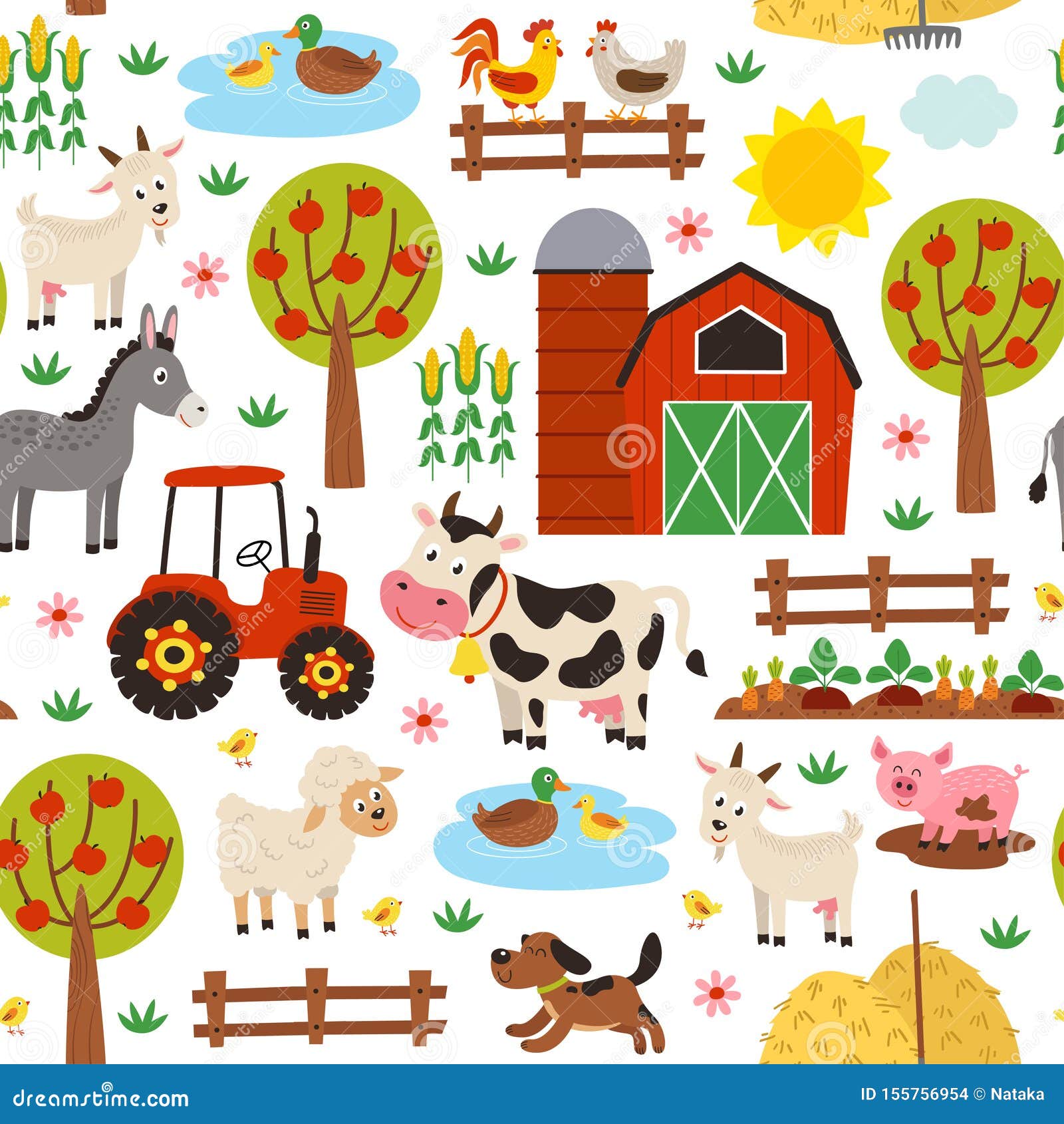 Seamless Pattern with Farm Animals on White Background Stock Vector ...