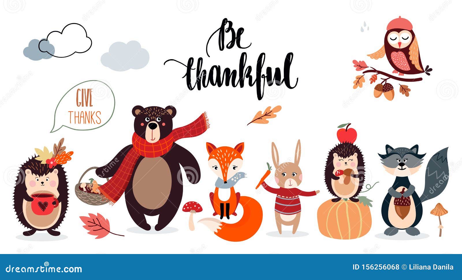 Thanksgiving Poster with Cute Animals Isolated on White Background ...