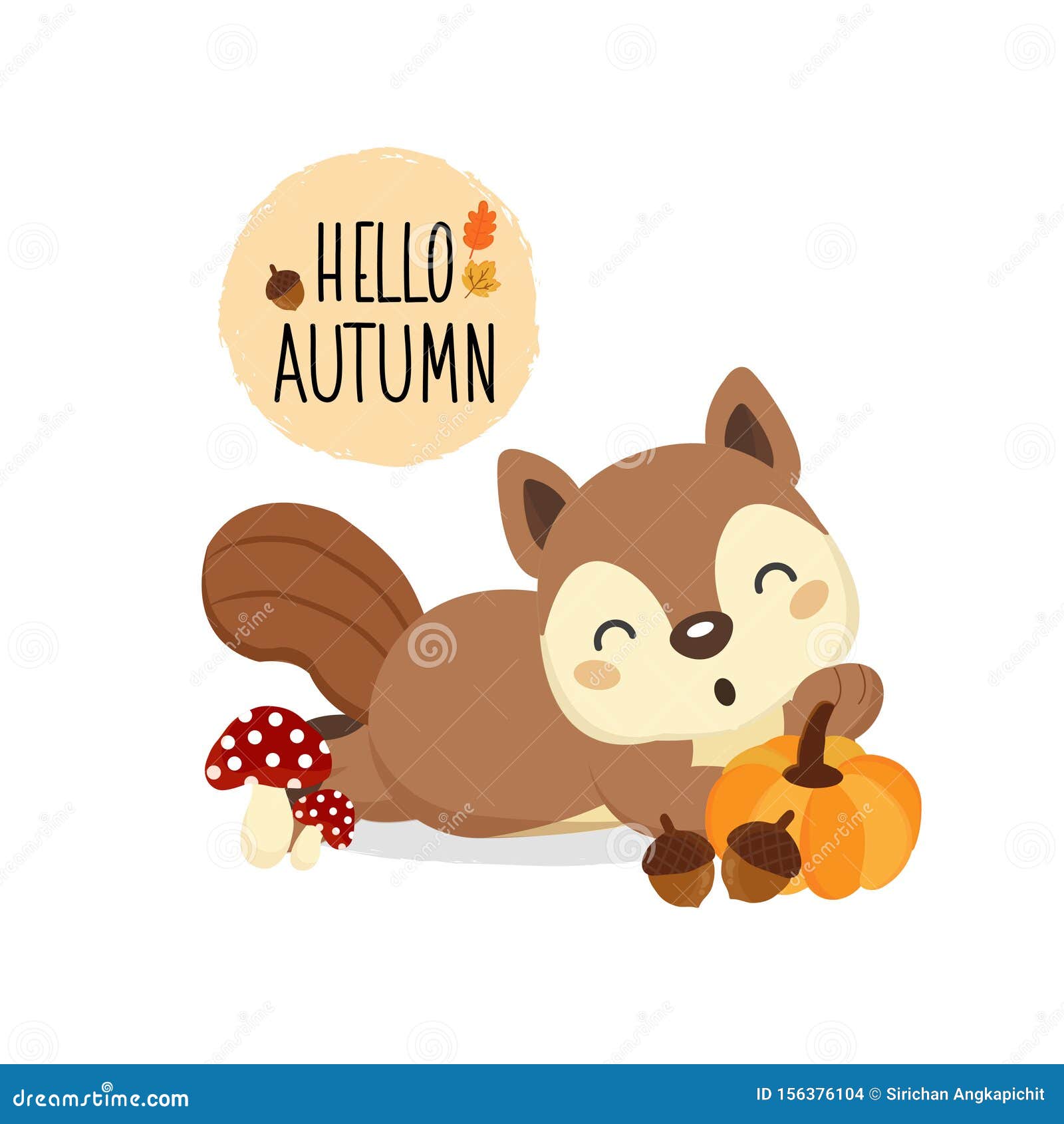 Hello Autumn and Cartoon Squirrel Animal. Stock Illustration ...