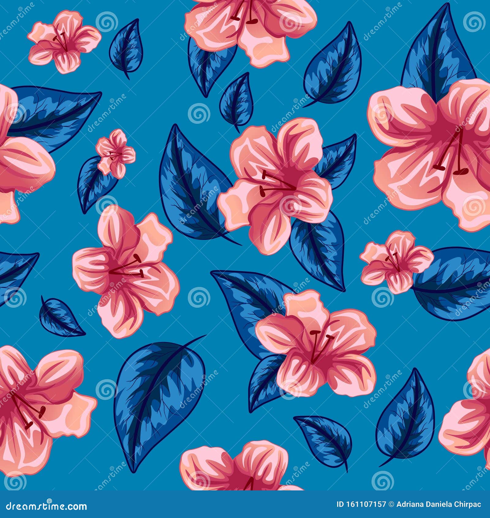 Seamless Pattern of Tropical Pink Flowers and Leaves. Hibiscus and Palm ...
