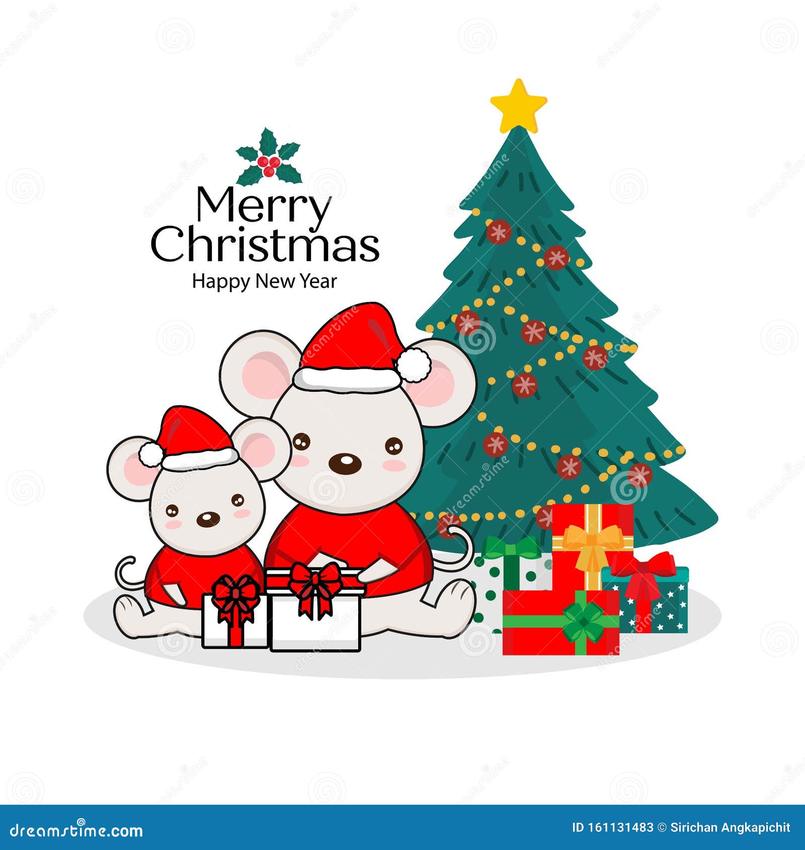 Merry Christmas Greeting Card with Mouse in a Red Santa`s Costume ...