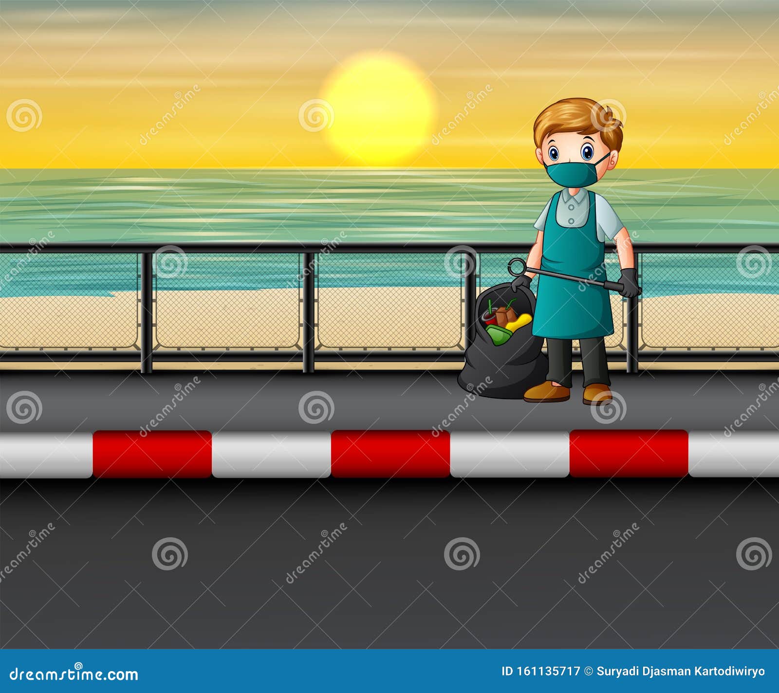 A Man Cleaning the Road Near the Beach Stock Vector - Illustration of ...