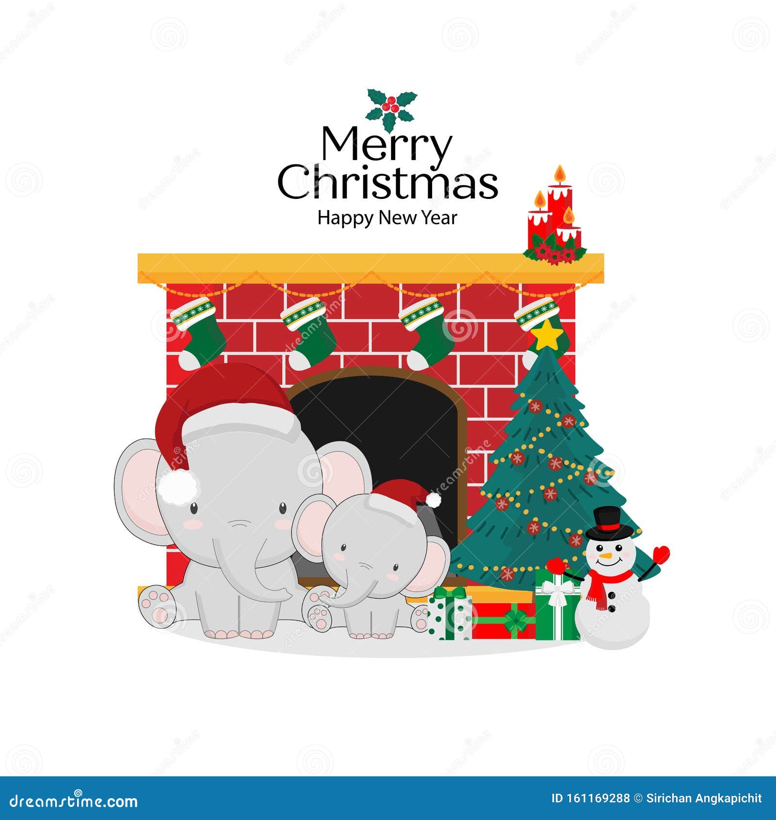 Merry Christmas and Happy New Year Card. Cute Elephant Cartoon. Stock ...