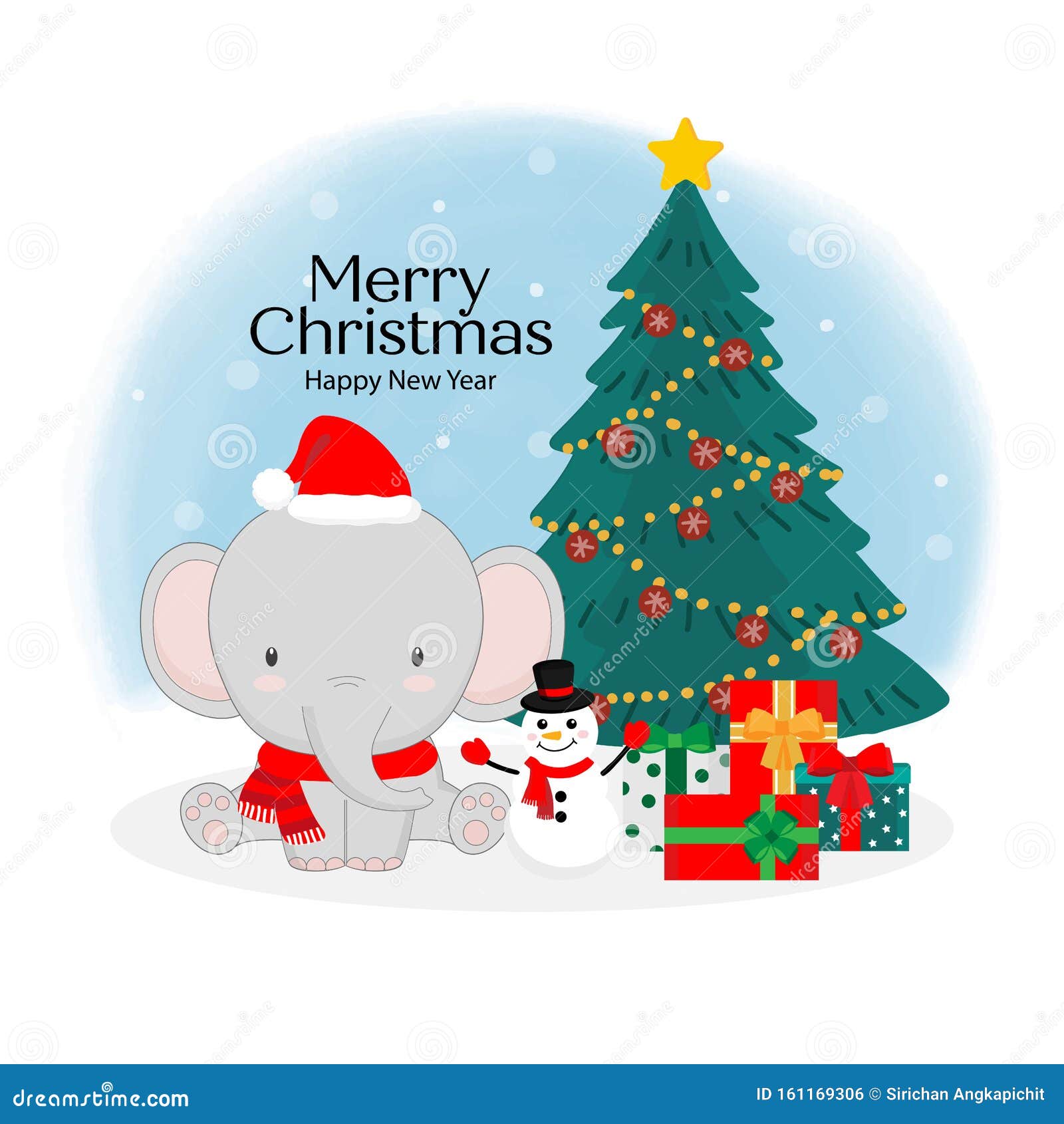 Merry Christmas and Happy New Year Card. Cute Elephant Cartoon Stock ...