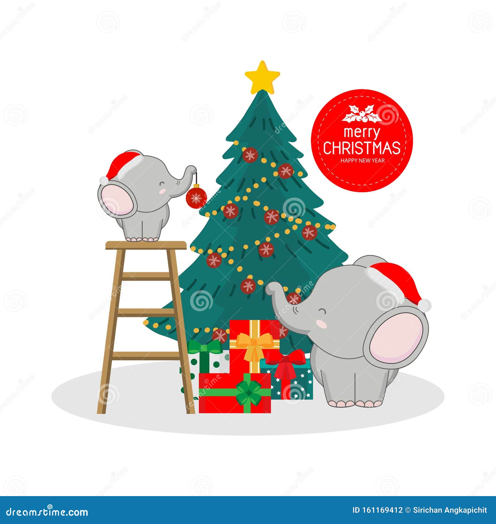 Merry Christmas and Happy New Year Card. Cute Elephant Cartoon. Stock ...