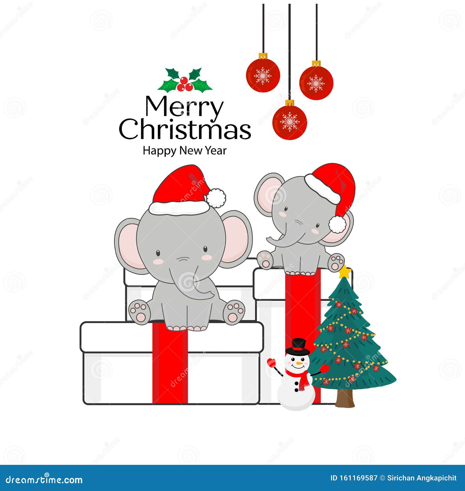 Merry Christmas Greeting Card. Elephants Sitting on a Gift Box Stock ...